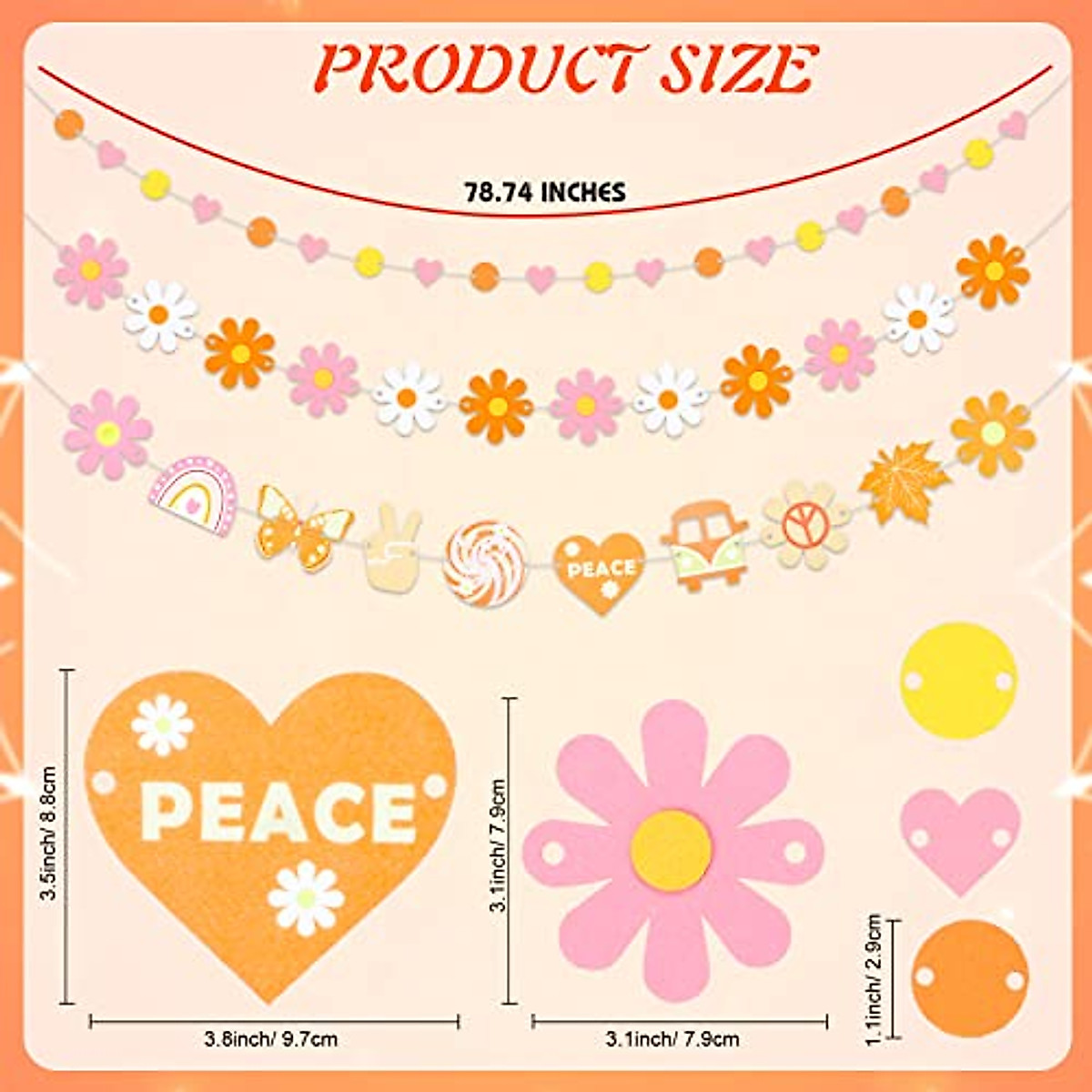 Qpout 4pcs Felt Groovy Party Decorations Set Include Groovy Hippie Boho Banner Groovy Boho Daisy Garland Round And Heart Garland for Wall Window Home Daisy Party Decorations Retro Classroom Decor
