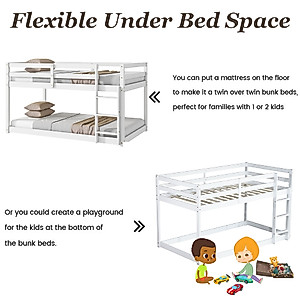 Bunk Bed Twin Over Twin, Floor Bunk Bed with Ladder, Solid Rubber Wooden Low Twin Bunk Beds for Kids Teens , Ideal for Multiple-Child Family, Apartment, Dormitory, No Box Spring Needed,White