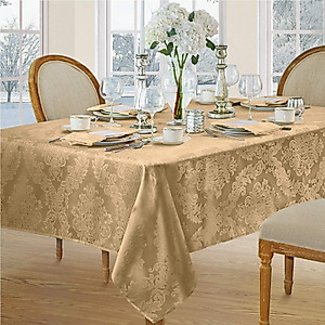 Newbridge Barcelona Luxury Damask Fabric Tablecloth, 100% Polyester, No Iron, Soil Resistant Dining Room, Party Banquet and Holiday Tablecloth, 60 Inch x 84 Inch Oval, Gold