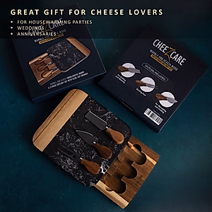 Cheezcare Marble Cheese Board - Acacia Wood Tray with 3-Knife Set - Marble Charcuterie Board for 2-6 People - Great Gift for Weddings, Anniversary & Housewarming Parties - Black Marble Board
