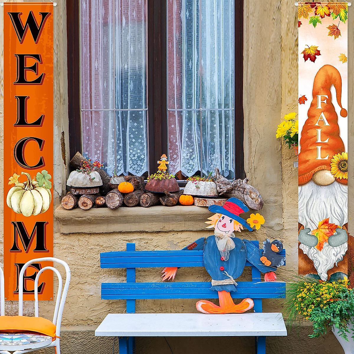 Welcome Fall Porch Banners Autumn Harvest Door Banner with Pumpkin Maple Leaves Gnome Pattern Thanksgiving Hanging Banners Autumn Home Decorations for Fall Indoor Outdoor Home Yard Wall Supplies
