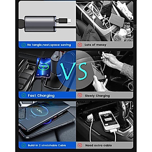 Retractable iPhone 15 14 Fast Car Charger, 120W [MFi Certified] 4 in 1 Fast Car iPhone Charger with Retractable USB C & Lightning Cable and 2 USB Ports Car Charger for iPhone 15 14 13 12 11 XS XR X 8
