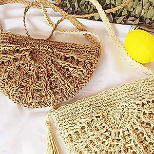 Ayliss Women Straw Crossbody Purse Beach Handmade Woven Shoulder Bag with Tassels (Half Round-Khaki)