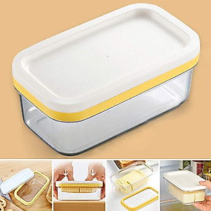 Butter Dish with Lid Rectangle Butter Keeper with Cutter Slicer for Easy Cutting and Storage, Butter Box for Refrigerate Butter Container Butter Case(White + Yellow)