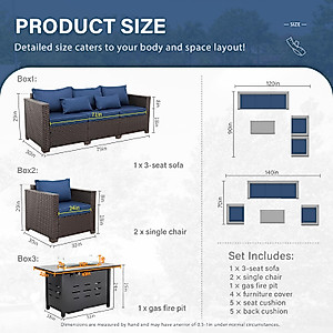4 Piece Patio Furniture Set 45 Inches Fire Pit Table Outdoor Furniture Sets Patio Couch Outdoor Chairs 50000 BTU Propane Fire Pit with Non-Slip Cushions and Waterproof Covers, Navy Blue