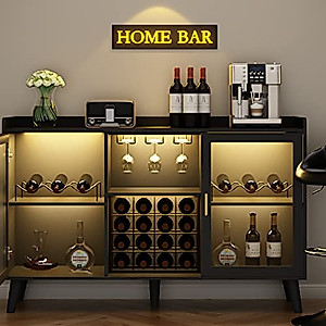Auromie Wine Bar Cabinet with Led Light, Home Coffee Cabinet with Wine and Glass Rack, Kitchen Buffet Sideboard with Storage Shelves, Freestanding Liquor Cabinet for Living Room, Dining Room (Black)