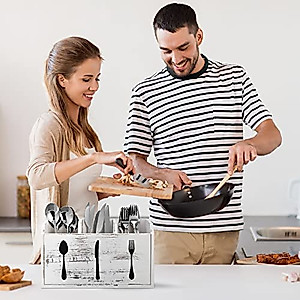 Geelin Kitchen Utensil Holder for Countertop Wood Utensil Holder with 3 Compartments Wood Utensil for Kitchen Counter Rustic White Wood Utensil Caddy Cooking Utensil Organizer