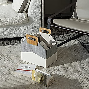 LA JOLIE MUSE Modern Magazine Rack Basket, Urban Style Book Holder Floor, Chic Tweed Fabric Storage Organizer with Bamboo Handles, Light Gray & White Color