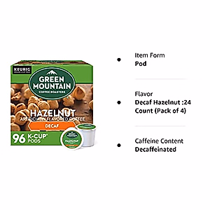 Green Mountain Coffee Roasters Hazelnut Decaf Coffee, Keurig Single-Serve K-Cup pods, Light Roast, 96 Count (4 Packs of 24)