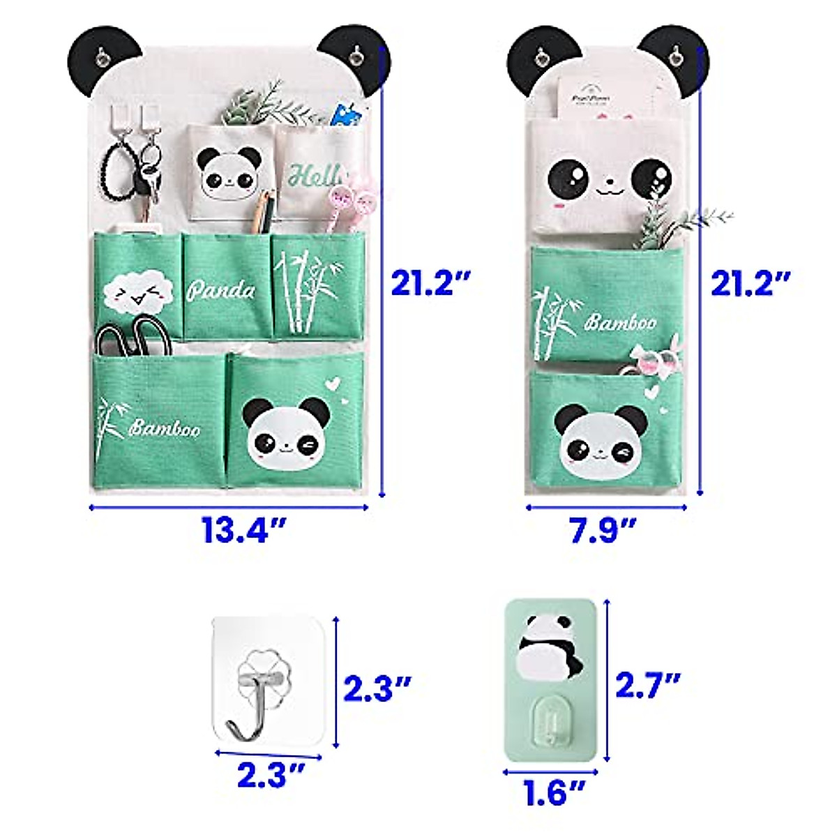 pandaonly 2 Wall Hanging Storage Bag,Linen Cotton Fabric Waterproof Pocket Organizer Bag with 6 Hooks,Over the Door/Wall for Bedroom Bathroom Closet Home Organizer