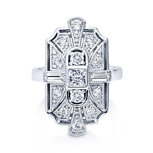 BERRICLE Sterling Silver Art Deco Cubic Zirconia CZ Statement Milgrain Cocktail Fashion Ring for Women, Rhodium Plated Size 9