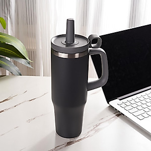 40oz Tumbler, Insulated Stainless Steel Water Bottle with Straw, Cover Cap, Leak Proof Travel Tumbler with Handle, BPA-Free, Cupholder Friendly, Gifts for Women & Men, Black