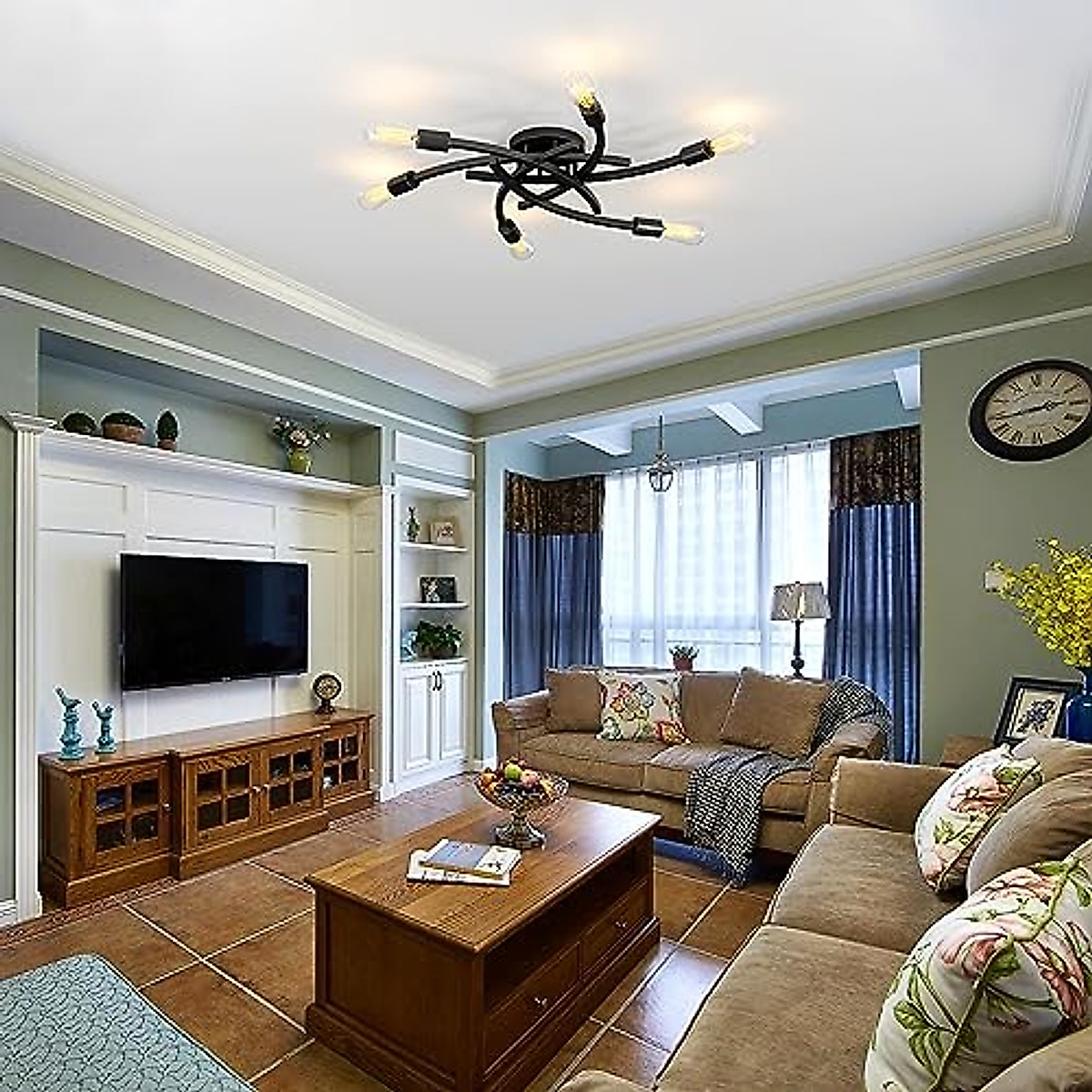 OUKAARY Industrial 6-Lights Semi Flush Mount Ceiling Light Fixture,Retro Black Metal Modern Sputnik Chandelier Ceiling Lamp, Mid Century Ceiling Lights with E26 Bulb Base for Farmhouse Kitchen,Room