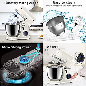 AILESSOM 3-IN-1 Electric Stand Mixer, 660W 10-Speed With Pulse Button, Attachments include 6.5QT Bowl, Dough Hook, Beater, Whisk for Most Home Cooks, Almond Cream