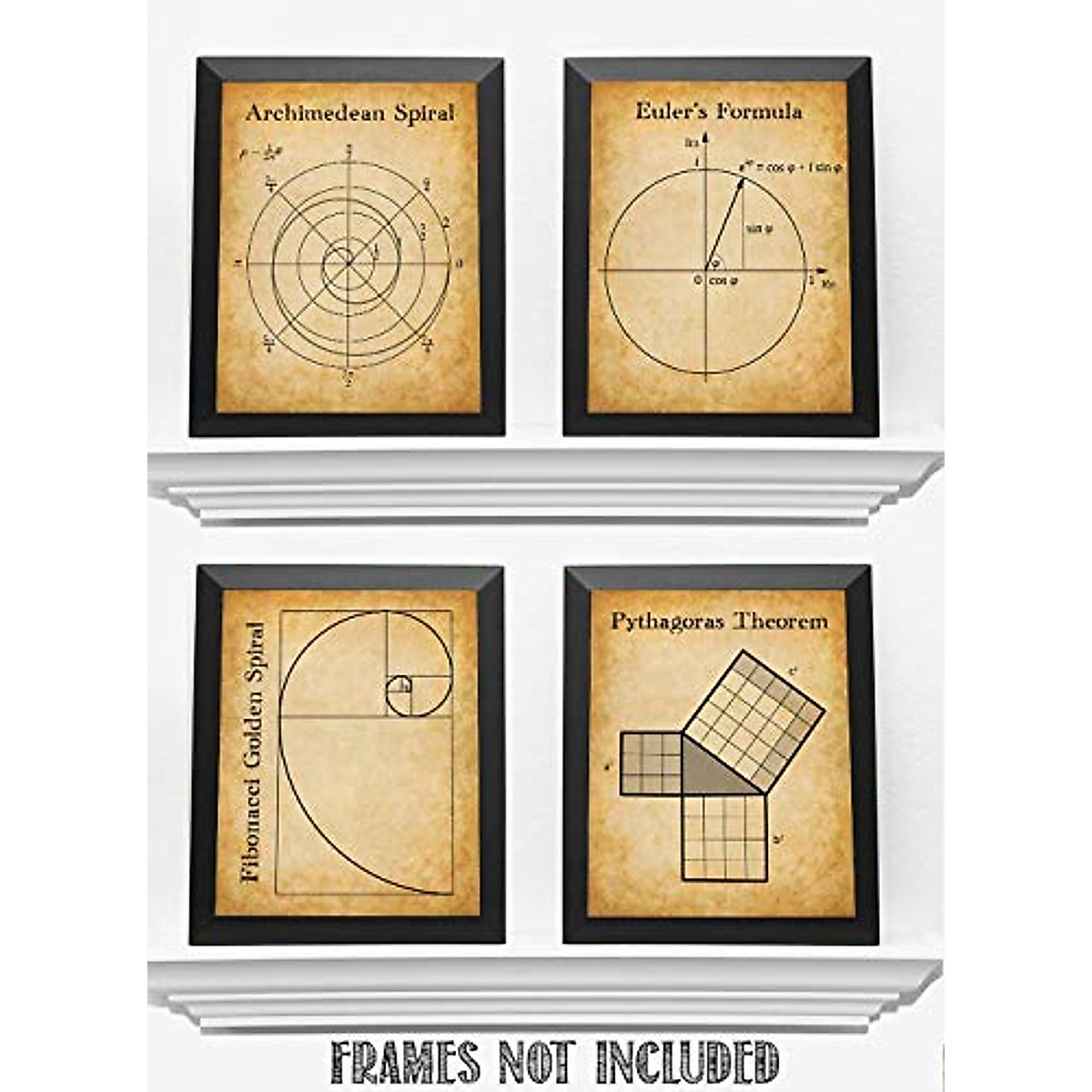 Math Art Prints-Archimedean Spiral, Euler's Formula, Fibonacci Golden Spiral, Pythagoras Theorem-Set of Four Gallery Wall 8x10 Unframed - Gift & Decor For Teachers, Classroom & Math Students Under $20
