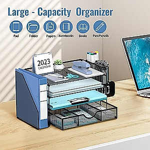 4 Trays Letter Tray Paper Organizer, Mesh Desk File Organizer with File Holder, Paper Sorter with 1 Extra Drawer & 2 Pen Holders, Desk Organizers and Accessories for Office Supplies, Black