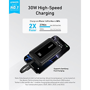 Anker Portable Charger, 10,000mAh 30W Power Bank, USB-C in and Out Fast Charging Battery Pack, Travel Essential Phone Power Bank, for iPhone 16/15/14/13/12, iPad, MacBook, Galaxy, Google, and More