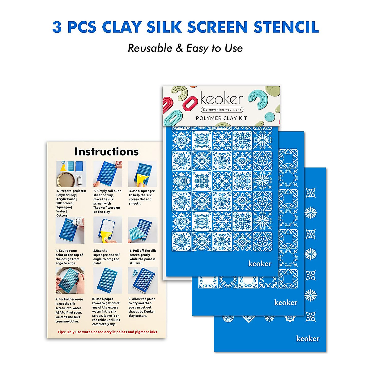 KEOKER 3PCS Tile Silk Screen Stencils for Polymer Clay, Tile Pattern Polymer Clay Stencil