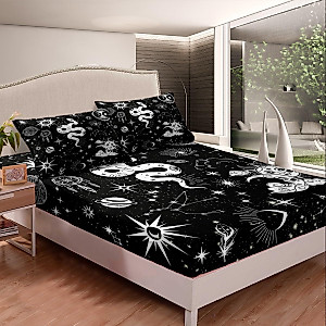 Black White Snake Fitted Sheet Full Size,Sun Moon Stars Constellation Bed Sheet 3Pcs,Boho Dream Catcher Bedding Sheets Kids Girls Boys Adult Room Decor Gothic Exotic Deep Pocket Sheet,2 Pillowcases