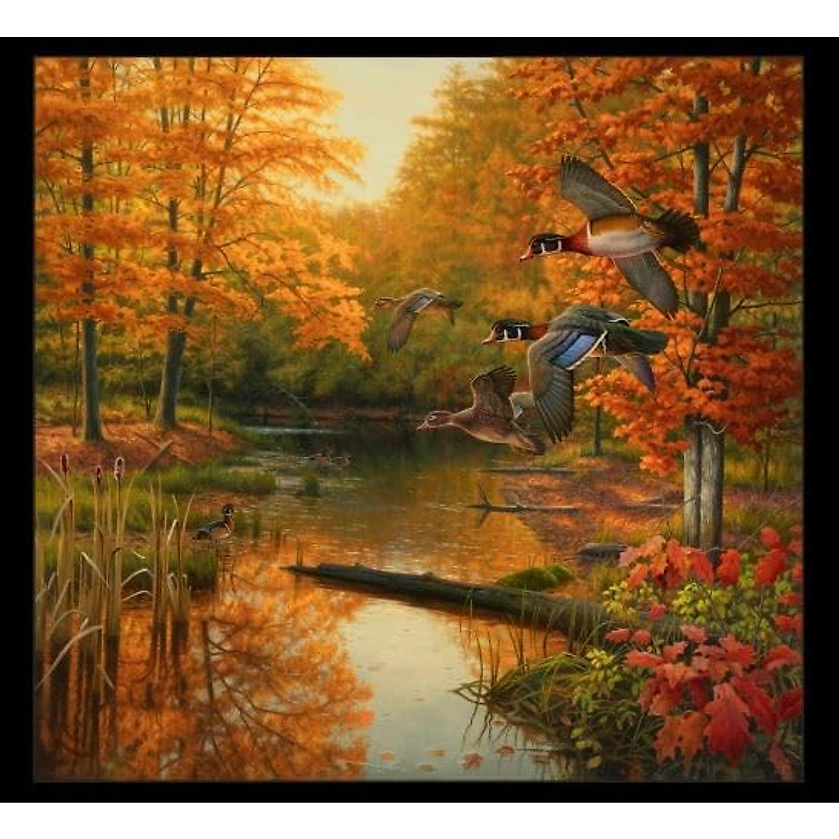 Elizabeth Studios 36"" X 44"" Panel Magical Season Ducks Ducklings Mallard Animals Birds Pond Fall Autumn Seasonal Black Cotton Fabric Panel (9206BLACK)
