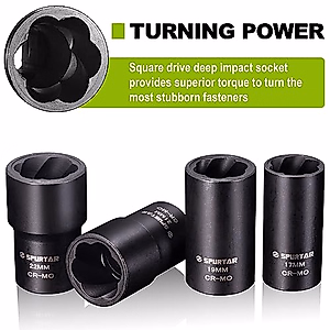 Spurtar 5 Pcs Twist Socket Set, Stripped Lug Nut Remover Wheel Lock Removal Kit Extractor Set for Removing Damaged, Dead, Rusted, Rounded-Off Bolts, Nuts & Screws-17MM,19MM, 21MM, 22MM