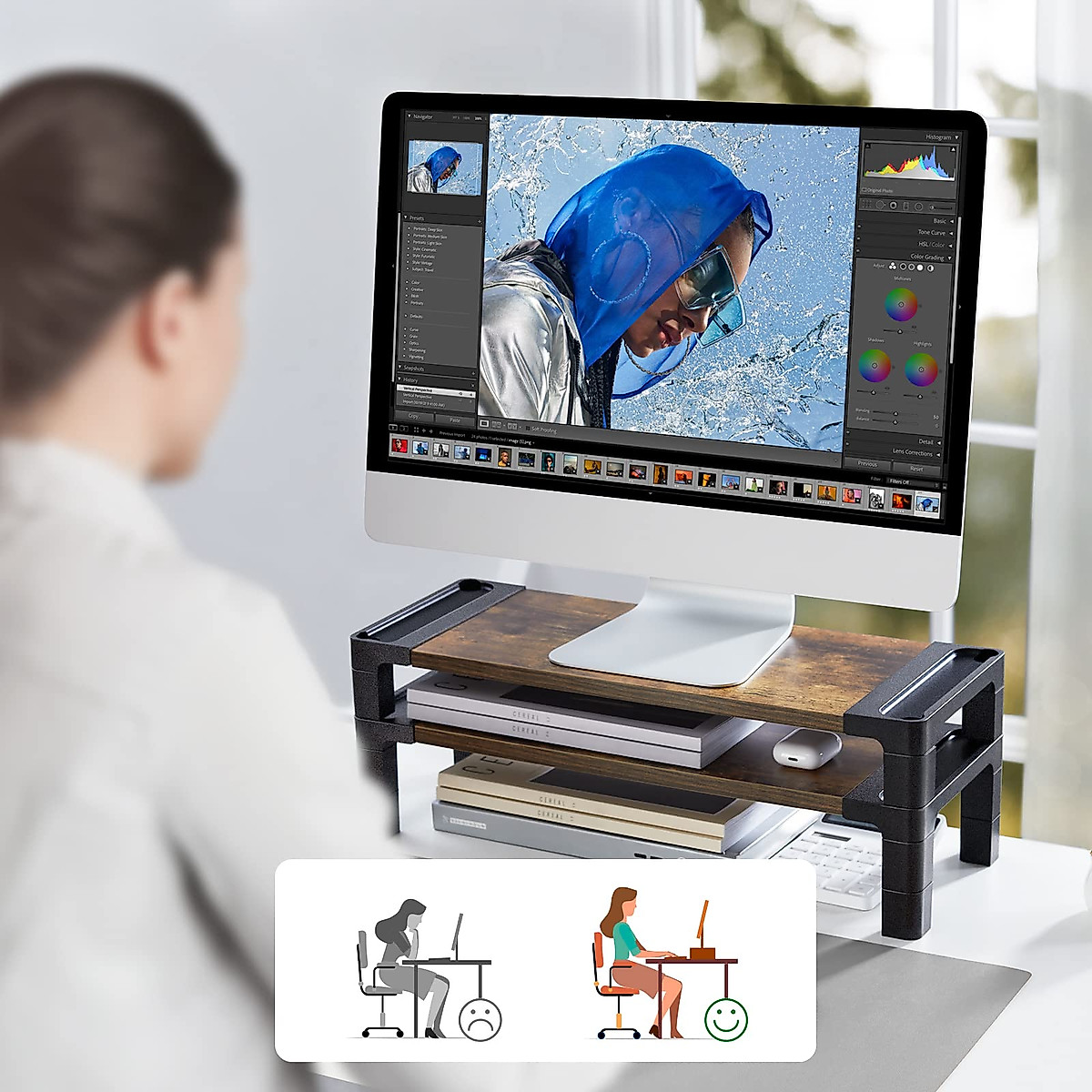HUANUO Monitor Stand Computer Riser, Monitor Stand for Desk with Adjustable Height and 2 Platforms, Ergonomic Computer Riser, Monitor Riser for Laptops and Monitors