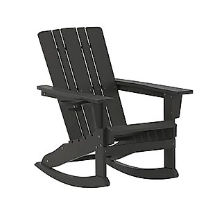 Flash Furniture Halifax Adirondack Rocking Chair with Cup Holder, Weather Resistant Poly Resin Adirondack Rocking Chair, Black