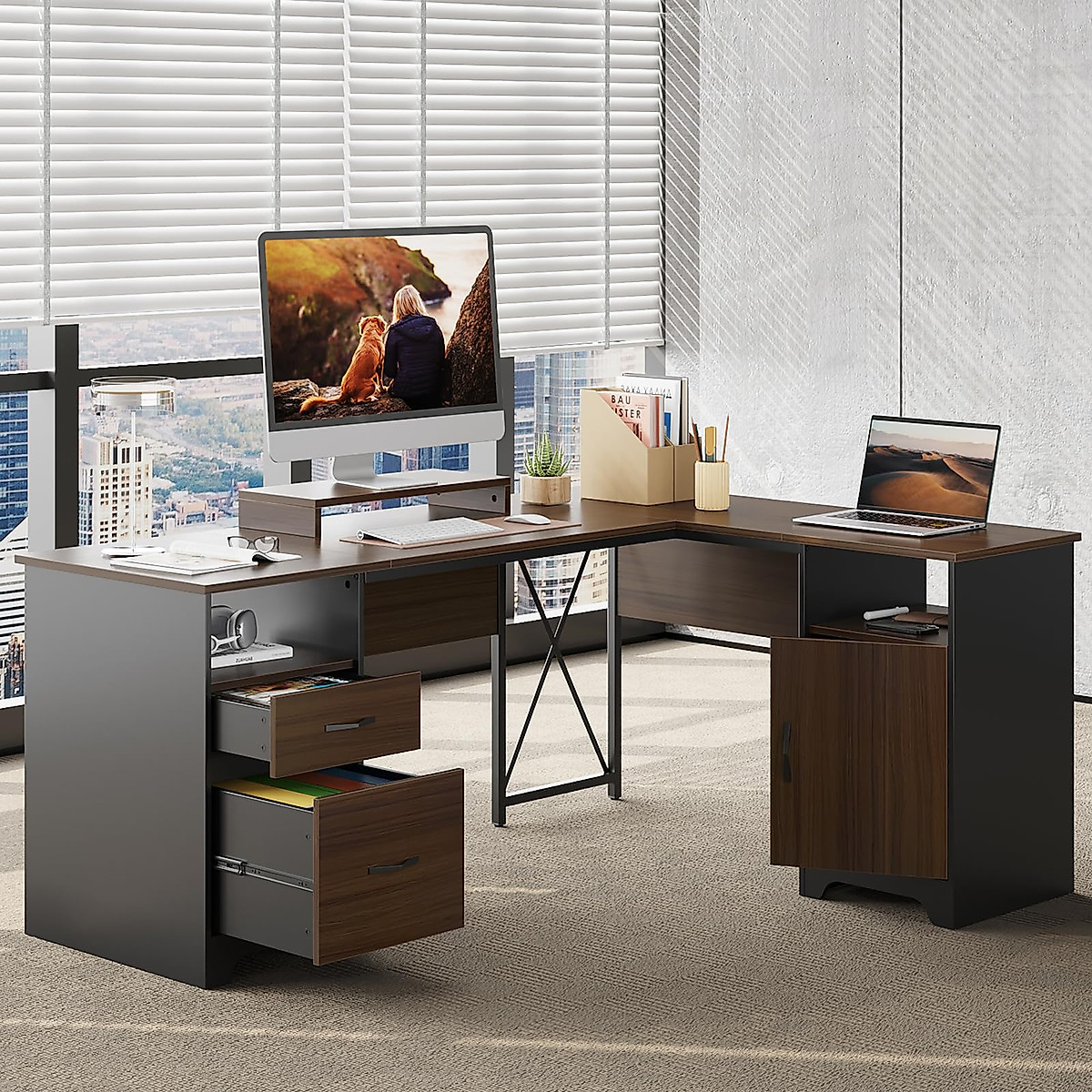 Bestier L Shaped Desk with File Drawers, 63" x 47" Office Computer Desk with Storage Cabinet, Corner Desk with Monitor Stand & Modesty Panel for Home Office, Cherry