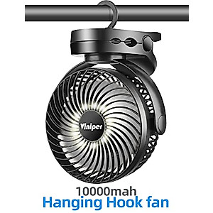 Viniper 6 inch Rechargeable Clip Fan with LED Light, 10000mah Battery Camping Hanging Fan : 360° Rotation, 3 Speeds, Also Use As Power Bank, Tent Personal Fan with Hanging Hook - Black
