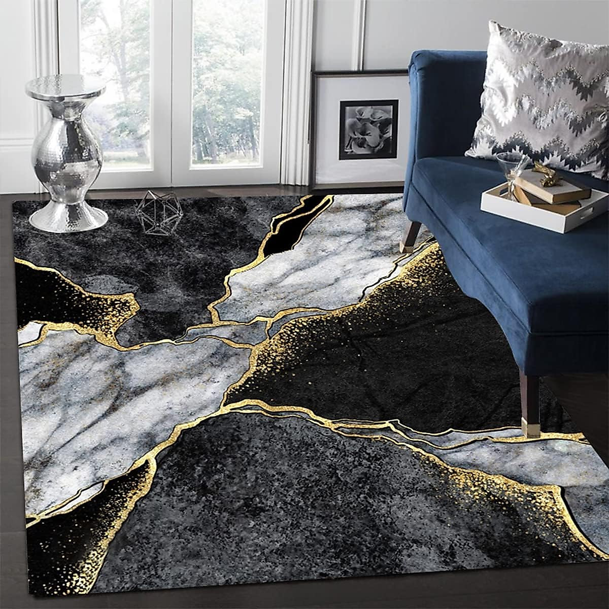 Modern Aesthetic Grey Black Gold Marble Abstract Area Rug 5x7 Non-Shedding Soft Rug for Livingroom Bedroom Diningroom Indoor Office Kitchen Floor Carpet