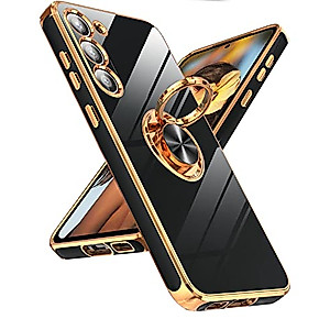 LeYi for Samsung Galaxy S23 Case 360° Rotatable Ring Holder Magnetic Kickstand, Plating Rose Gold Edge Protective Case, Black