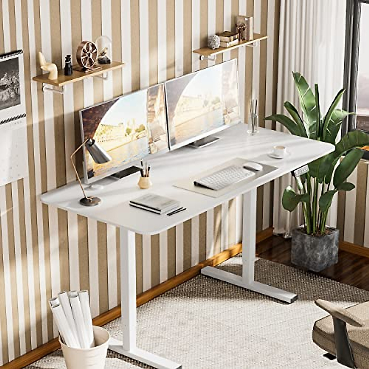 Furniwell Electric Height Adjustable Standing Desk Large Sit Stand up Desk Home Office Computer Desk 55 x 24 Inches Lift Table with T-Shaped Metal Bracket, White