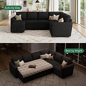 HONBAY Modular Sectional Sleeper Sofa with Pull Out Bed, Velvet Convertible L Shaped Sectional Couch with Storage Seat, Sectional Couches for Living Room, Balck