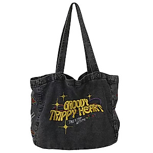 Crossbody Bags for Women Casual Denim Bags Embroidery Shoulder Bag Zipper Handbag Tote Ladies Messenger Bag (Black)