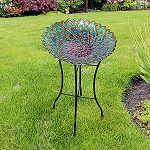 Teamson Home Handpainted Mosaic Flower Fusion Glass Pedestal Bird Bath for Outdoor Patio Garden Backyard Decking Décor, 21 inch Height, Blue and Purple
