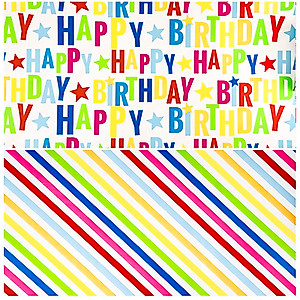 LeZakaa Reversible Birthday Wrapping Paper Jumbo Roll - Happy Birthday Lettering & Stripe - 24 inches x 100 Feet (200 sq.ft.)