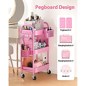 ALVOROG 3-Tier Rolling Utility Cart Movable Storage Organizer Shelves with Wheels and Hanging Cups Multifunctional Service Cart for Kitchen, Office, Coffee Bar-Black