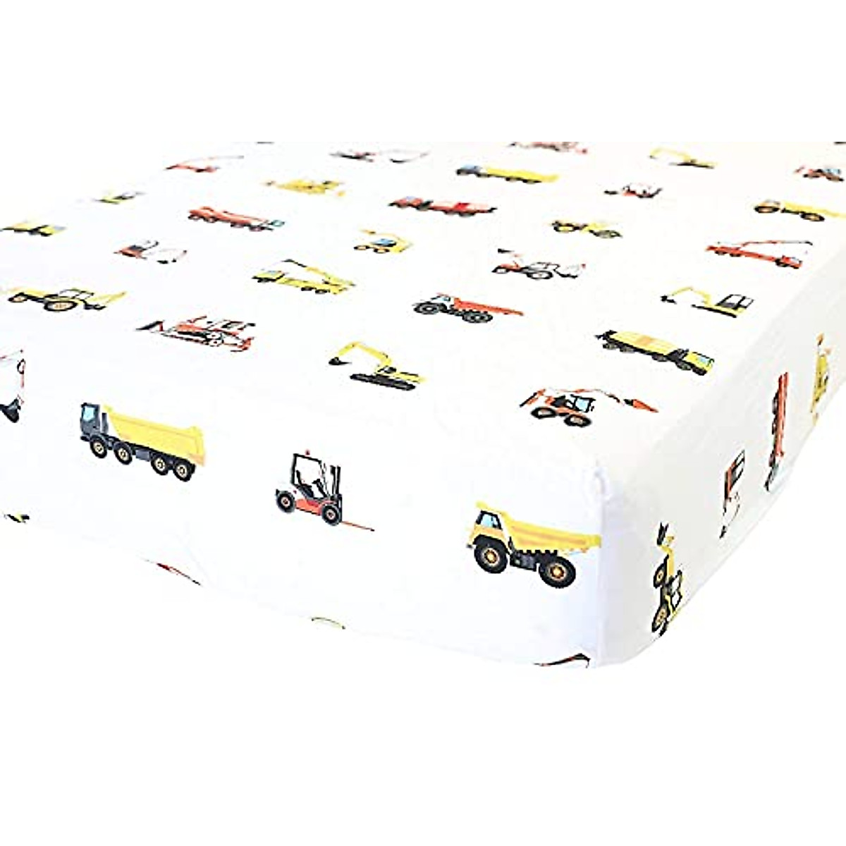 Bundle of ADDISON BELLE Products - 100% Cotton Fitted Crib Sheet + Muslin Swaddle - Construction Trucks - Soft, Durable & Breathable