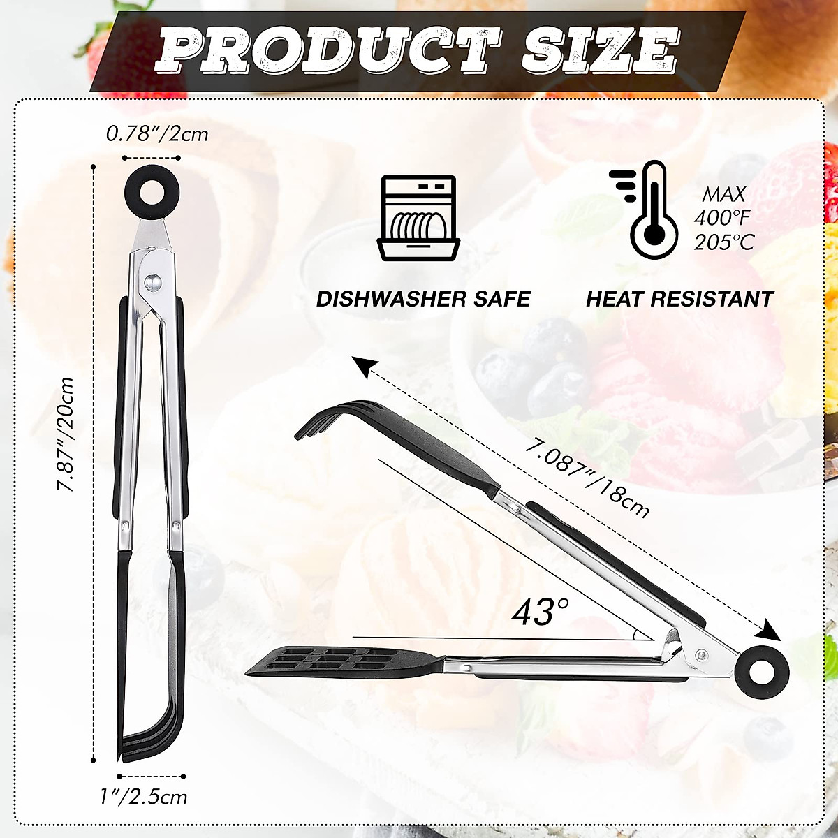 2 Pieces Mini Waffle Tongs Non Scratch Tongs 8 Inches Serving Spatula Tongs with Non Slip Smooth Stainless Steel Handles Heat Resistant Nylon Heads Non scratch and Dishwasher Safe for Cooking