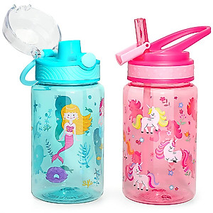 Home Tune 16oz Kids Water Drinking Bottle 2 Pack - Tritan BPA Free, Auto Flip Chug Lid, Sip Straw Lid, Carry Loop, Lightweight, Leak-Proof, Cute Design For Girls & Boys - Mermaid & Unicorn