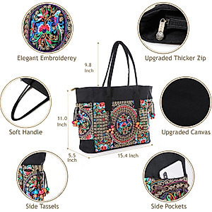 Embroidered Canvas Top Handle Handbag, Ladies Casual Vintage Shoulder Bag Fashion Tassels Handbag (Golden Flower)