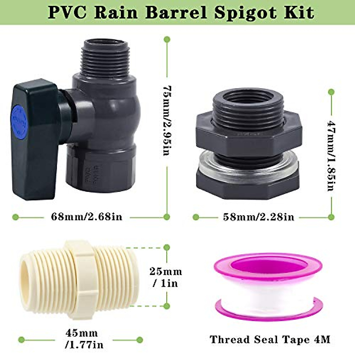 Rain Barrel Diverter Kit, Water Barrel Spigot 3/4 PVC Fittings Ball Valve with Hose Faucet Adapter for Water Tanks, Aquariums, Tubs, Pools, Garden Barrels