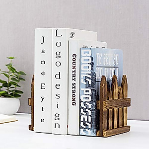 MyGift Rustic Burnt Brown Solid Wood Decorative Bookends with Picket Fence Design, Country Home Style Office Desk Book Stand Shelf Decoration, 1 Pair