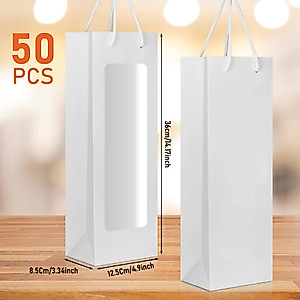 50 Pcs Wine Gift Bag with Window 4.9" x 3.6" x 14.2" Kraft Paper Wine Bags with Windows Kraft Paper Flower Wrapping Bag Transparent Window Bags for Valentine's Day Birthday Wedding Party Gift (White)