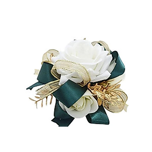 DESUNESS Ivory Rose Wrist Corsage Wristlet Band Bracelet and Men Boutonniere Set with Dark Green Ribbin for White Wedding Flower Accessories Prom Suit Decorations