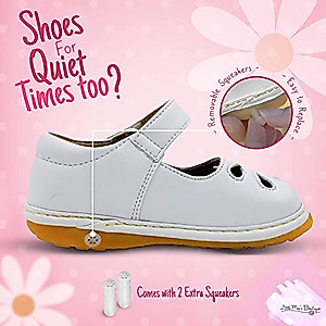 Little Mae's Boutique Mary Jane White Flower Punch Squeaky Shoes for Toddler Girls, Ideal Toddler Walking Shoes with Removable Squeaker and Adjustable Strap - Flexible Sole Baby Shoes (4)