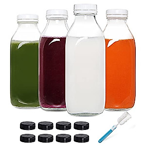 YEBODA 32oz Glass Milk Bottle with Plastic Tamper-proof Caps (4 Pack) Vintage Reusable Dairy Drinking Containers, Glass Bottles for Milk, Juice,Yogurt, Smoothies, Tomato Sauce, Jam, Syrup