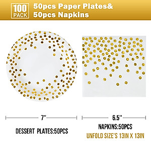 CENLBJ Disposable Plates 100 Pack - White & Gold Paper Plates 50 x 7, Gold Dot Napkins 50 x 6.5, Party Supplies for Weddings, Birthdays & All Occasions