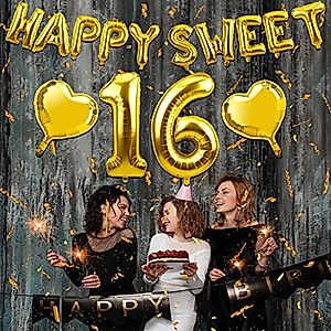 Lnlofen Happy Sweet 16 Balloon Banner with 2 Heart Foil - Gold 16th Birthday Party Decorations - Happy Sixteen Party Decorations Supplies