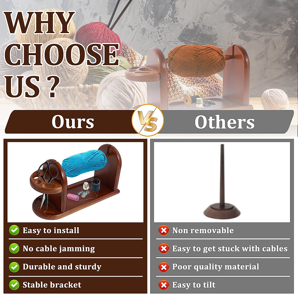 Tzdxfgl Wooden Yarn Holder for Knitting Crochet, Yarn Rack Stand with Slots, Horizontal Yarn Spinner, Stable Yarn Ball Dispenser, Wood Yarn Spinner Holder for Crochet, Gift for Knitting Lovers